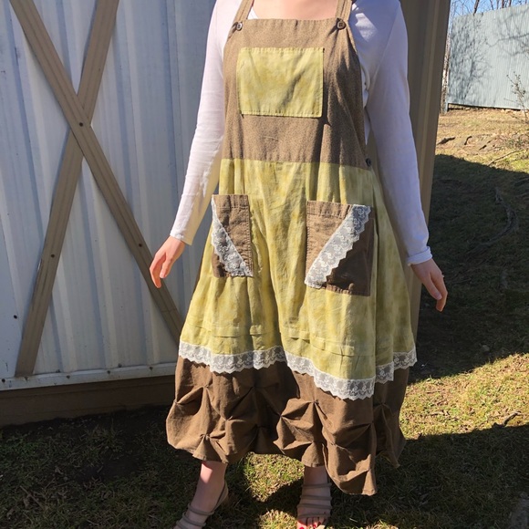 Hand Crafted | Dresses | Cottagecore Prairie Apron Green Brown Lace ...